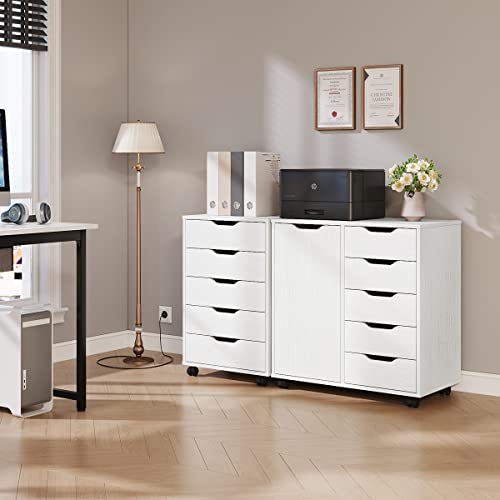 Panana 5/7 Drawer Chest, Wooden Tall Dresser Storage Dresser Cabinet With Wheels, Office Organization And Storage, Bedroom Furniture (5 Drawer, White)