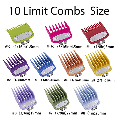 Professional 10 Color Coded Comb Attachment，Metal Hair Clipper Guards Cutting Guides/Combs，from 1/16inch to 1inch，Compatible with Wahl Clippers Combs