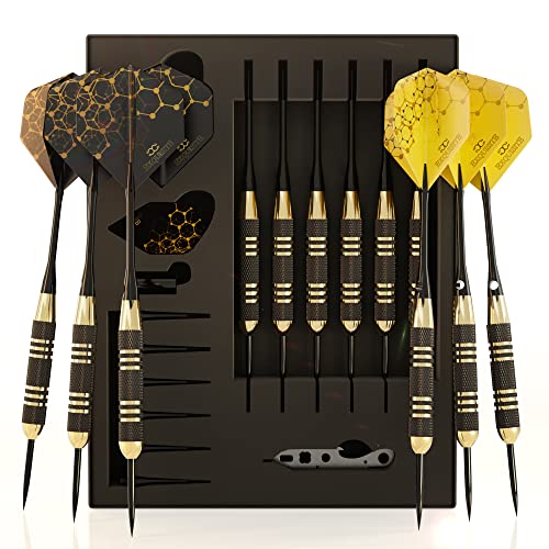 CC-Exquisite Premium Steel Tip Darts Set - Professional Darts, Brass Barrels, Metal Tip Darts, Extra Flights, (12) Aluminum Shafts 35/48, O-Rings, Dart Tool, Dart Sharpener, Darts Case.