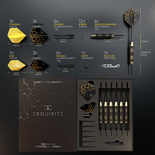 CC-Exquisite Premium Steel Tip Darts Set - Professional Darts, Brass Barrels, Metal Tip Darts, Extra Flights, (12) Aluminum Shafts 35/48, O-Rings, Dart Tool, Dart Sharpener, Darts Case.