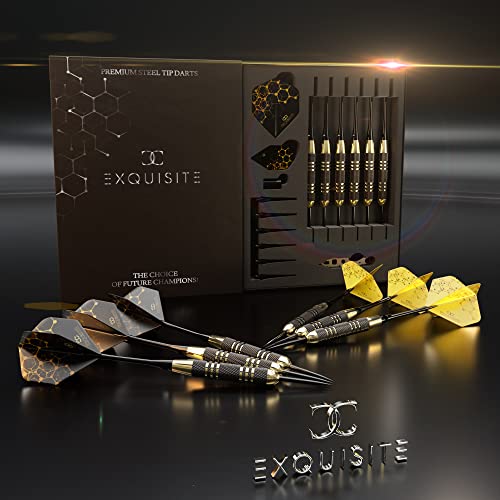 CC-Exquisite Premium Steel Tip Darts Set - Professional Darts, Brass Barrels, Metal Tip Darts, Extra Flights, (12) Aluminum Shafts 35/48, O-Rings, Dart Tool, Dart Sharpener, Darts Case.