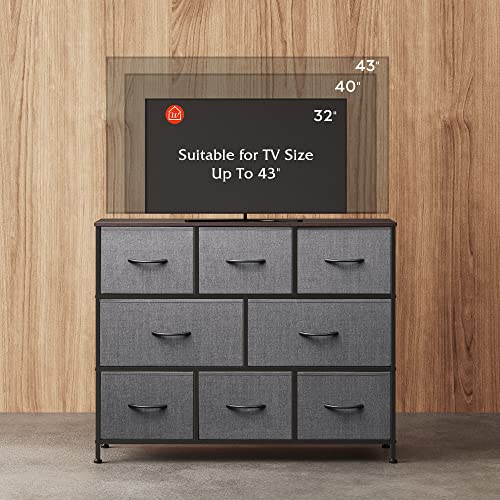 WLIVE Fabric Dresser for Bedroom, Chest of Drawers, Bedroom Dresser TV Stand for 32 40 43 inch TV, Wide Dresser with 8 Large Deep Drawers for Living Room, Closet, Dormitory, Dark Grey