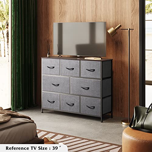 WLIVE Fabric Dresser for Bedroom, Chest of Drawers, Bedroom Dresser TV Stand for 32 40 43 inch TV, Wide Dresser with 8 Large Deep Drawers for Living Room, Closet, Dormitory, Dark Grey