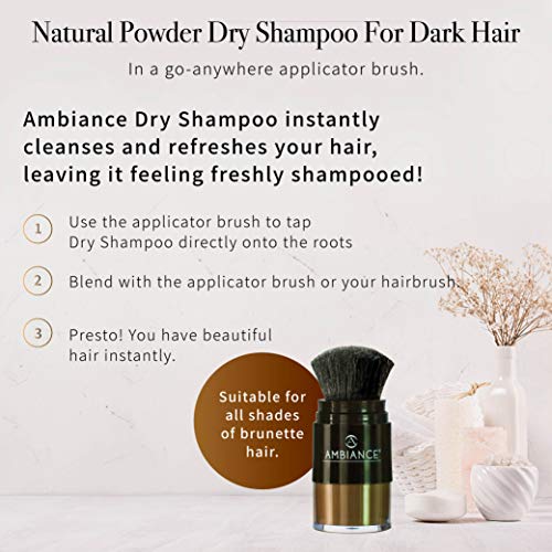 Natural Dry Shampoo for Women & Men by Ambiance | Brunette Tinted Powder | Travel Size Applicator Brush for Dark Brown Hair | Cleansing, Refreshing, & Volumizing