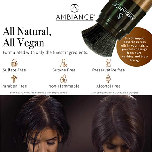 Natural Dry Shampoo for Women & Men by Ambiance | Brunette Tinted Powder | Travel Size Applicator Brush for Dark Brown Hair | Cleansing, Refreshing, & Volumizing