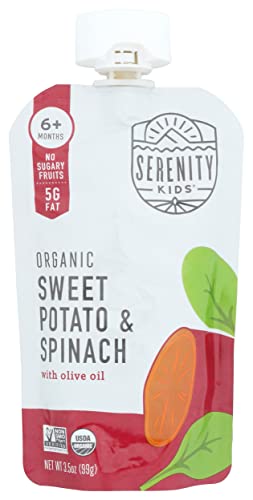 Serenity Kids 6+ Months USDA Organic Veggie Puree Baby Food Pouches | No Sugary Fruits or Added Sugar | Allergen Free | 3.5 Ounce BPA-Free Pouch | Sweet Potato & Spinach | 1 Count