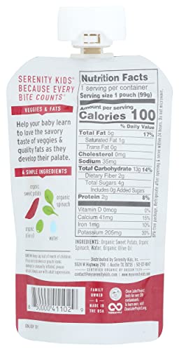 Serenity Kids 6+ Months USDA Organic Veggie Puree Baby Food Pouches | No Sugary Fruits or Added Sugar | Allergen Free | 3.5 Ounce BPA-Free Pouch | Sweet Potato & Spinach | 1 Count