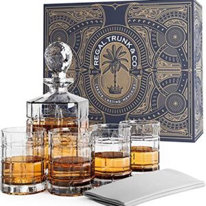 Whiskey Decanter Set with Glasses Regal Trunk & Co, 4 Square Engraved Tumblers Whisky Decanter & Glass Set, Crystal Decanter Set Bourbon and Scotch, Gift Box and with Liquor Glass Polishing Cloth