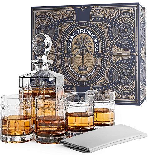 Whiskey Decanter Set with Glasses Regal Trunk & Co, 4 Square Engraved Tumblers Whisky Decanter & Glass Set, Crystal Decanter Set Bourbon and Scotch, Gift Box and with Liquor Glass Polishing Cloth