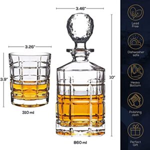 Whiskey Decanter Set with Glasses Regal Trunk & Co, 4 Square Engraved Tumblers Whisky Decanter & Glass Set, Crystal Decanter Set Bourbon and Scotch, Gift Box and with Liquor Glass Polishing Cloth