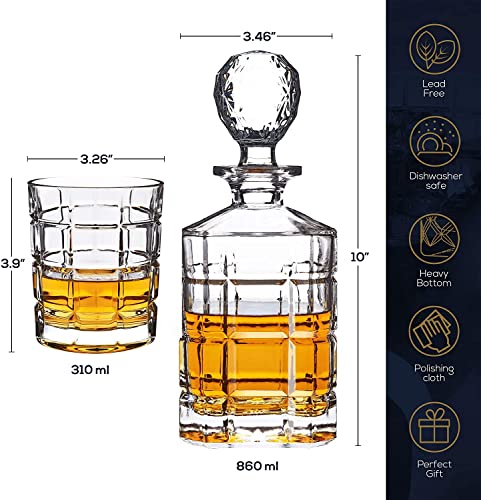 Whiskey Decanter Set with Glasses Regal Trunk & Co, 4 Square Engraved Tumblers Whisky Decanter & Glass Set, Crystal Decanter Set Bourbon and Scotch, Gift Box and with Liquor Glass Polishing Cloth