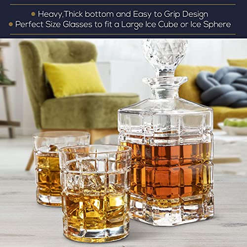 Whiskey Decanter Set with Glasses Regal Trunk & Co, 4 Square Engraved Tumblers Whisky Decanter & Glass Set, Crystal Decanter Set Bourbon and Scotch, Gift Box and with Liquor Glass Polishing Cloth