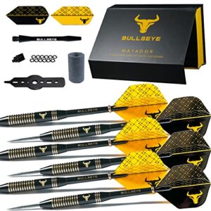 bullseye matador darts metal tip set – 22g professional darts steel tip set w/case – metal tip darts set for rec room or man cave accessories – includes dart flights, shafts, barrels, & other extras