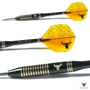 Bullseye Matador Darts Metal Tip Set - 22g Professional Darts Steel Tip Set W/Case - Metal Tip Darts Set for Rec Room Or Man Cave Accessories - Includes Dart Flights, Shafts, Barrels, & Other Extras