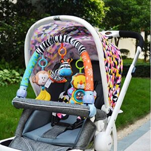 Adjustable Baby Travel Play Arch, Detachable Activity Musical Animal Toys Mobile for Bassinet Crib Stroller Pram Car Seat Mobiles Width Among 11.6-20.2 Inch with Rattles BB Squeaker Teether