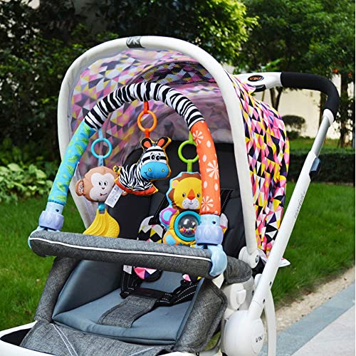 Adjustable Baby Travel Play Arch, Detachable Activity Musical Animal Toys Mobile for Bassinet Crib Stroller Pram Car Seat Mobiles Width Among 11.6-20.2 Inch with Rattles BB Squeaker Teether