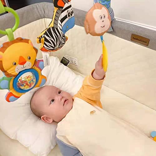 Adjustable Baby Travel Play Arch, Detachable Activity Musical Animal Toys Mobile for Bassinet Crib Stroller Pram Car Seat Mobiles Width Among 11.6-20.2 Inch with Rattles BB Squeaker Teether