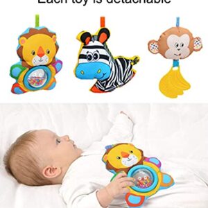 Adjustable Baby Travel Play Arch, Detachable Activity Musical Animal Toys Mobile for Bassinet Crib Stroller Pram Car Seat Mobiles Width Among 11.6-20.2 Inch with Rattles BB Squeaker Teether