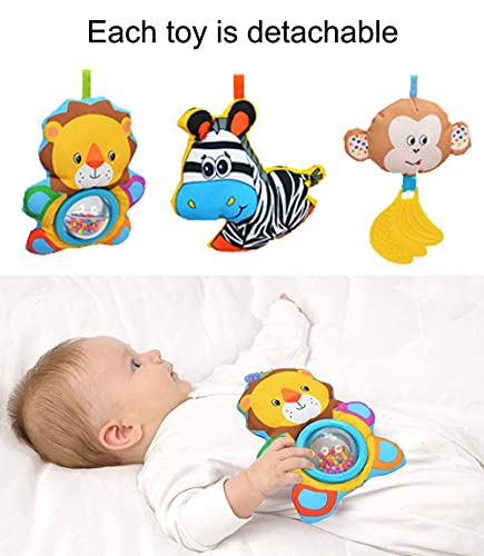 Adjustable Baby Travel Play Arch, Detachable Activity Musical Animal Toys Mobile for Bassinet Crib Stroller Pram Car Seat Mobiles Width Among 11.6-20.2 Inch with Rattles BB Squeaker Teether