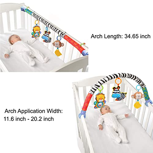 Adjustable Baby Travel Play Arch, Detachable Activity Musical Animal Toys Mobile for Bassinet Crib Stroller Pram Car Seat Mobiles Width Among 11.6-20.2 Inch with Rattles BB Squeaker Teether