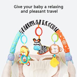 Adjustable Baby Travel Play Arch, Detachable Activity Musical Animal Toys Mobile for Bassinet Crib Stroller Pram Car Seat Mobiles Width Among 11.6-20.2 Inch with Rattles BB Squeaker Teether