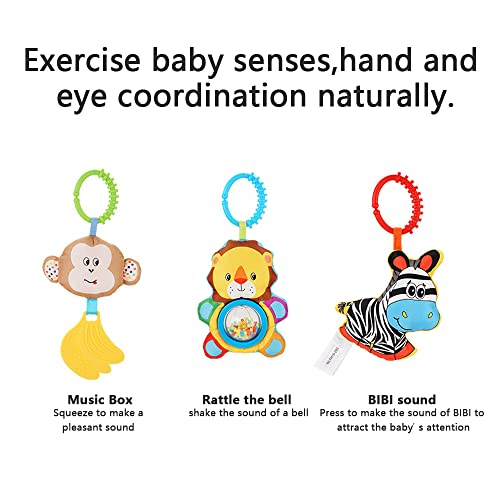 Adjustable Baby Travel Play Arch, Detachable Activity Musical Animal Toys Mobile for Bassinet Crib Stroller Pram Car Seat Mobiles Width Among 11.6-20.2 Inch with Rattles BB Squeaker Teether