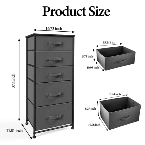 Sehloran 5 Drawer Dresser for Bedroom, Dessers Storage Tower, Chests of Drawers, Removable Tall Fabric Bins, Dresser Organizers Unit for Hallway, Entryway, Closets, Wood Top, Gray