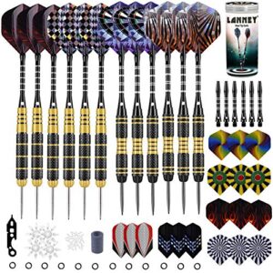 lanney darts metal tip set, 24 grams and 20 grams tipped metal darts steel tip set professional with aluminum shafts, brass barrels, sharpener tool kit, carrying case, extra dart flights accessories