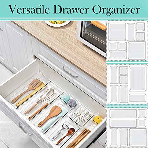 25 PCS Clear Plastic Drawer Organizer Set, 4 Sizes Desk Drawer Divider Organizers and Storage Bins, Organizer Trays and Bathroom Drawer Organizers for Makeup, Bedroom, Office, Kitchen Divider Utensils