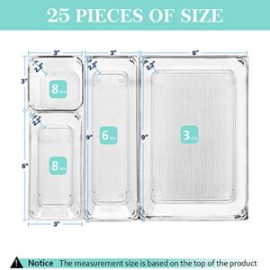 25 PCS Clear Plastic Drawer Organizer Set, 4 Sizes Desk Drawer Divider Organizers and Storage Bins, Organizer Trays and Bathroom Drawer Organizers for Makeup, Bedroom, Office, Kitchen Divider Utensils