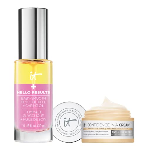 IT Cosmetics Hello Results Baby-Smooth Glycolic Acid Peel + Caring Face Oil (1 fl oz) & Confidence in a Cream Face Moisturizer (0.5 fl oz) - Gentle Exfoliation & Soothing Hydration for All Skin Types