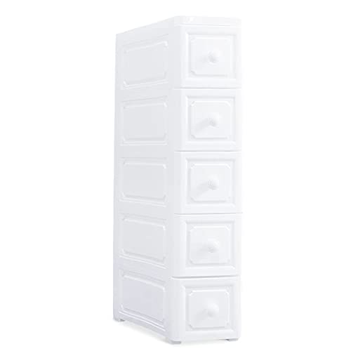 Conworld Super Light Weight Slim Plastic Bathroom Storage, Self-Assembling Bathroom Organizer 5 Tier Slim Storage Cart with 4 Wheels (Product Comes with Installation Instructions and Video)