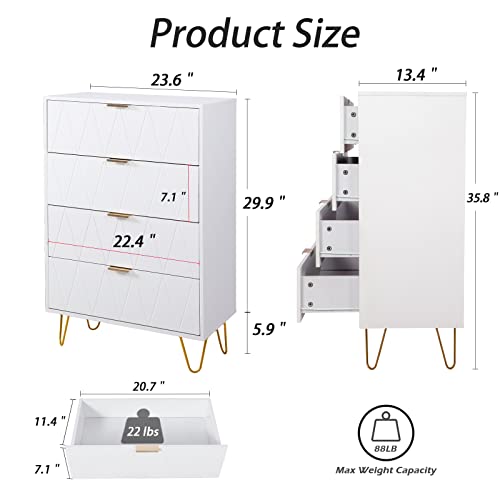 ANBUY 4 Drawer Dresser, Drawer Chest, Tall Storage Dresser Cabinet Organizer Unit with Metal Legs for Bedroom, Living Room, Closet (White/4 Drawer)