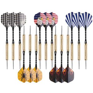 uzopi 15 packs steel tip darts 18 grams with dart sharpener and 3 extra flights, aluminum shafts & brass barrels, levels in every rec room, man cave, bar and game room