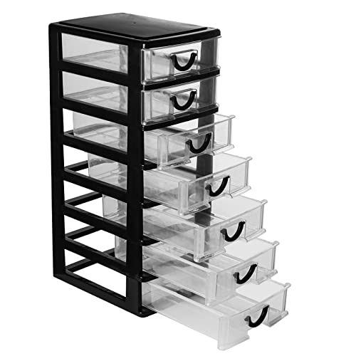 Rempry Mini Plastic Drawers Organizer, 7.1"x5.1"x13.2" Small Storage Drawers Containers with 7 Clear Drawer Units, Black