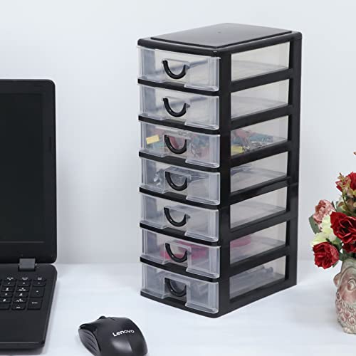 Rempry Mini Plastic Drawers Organizer, 7.1"x5.1"x13.2" Small Storage Drawers Containers with 7 Clear Drawer Units, Black