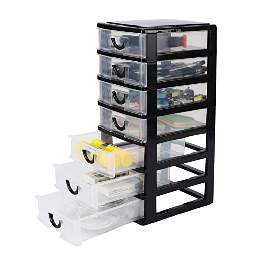 Rempry Mini Plastic Drawers Organizer, 7.1"x5.1"x13.2" Small Storage Drawers Containers with 7 Clear Drawer Units, Black