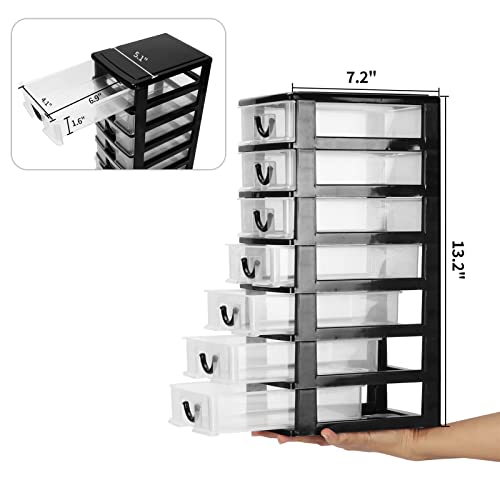 Rempry Mini Plastic Drawers Organizer, 7.1"x5.1"x13.2" Small Storage Drawers Containers with 7 Clear Drawer Units, Black