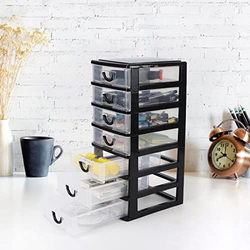 Rempry Mini Plastic Drawers Organizer, 7.1"x5.1"x13.2" Small Storage Drawers Containers with 7 Clear Drawer Units, Black