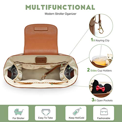 miss fong Stroller Organizer with Insulated Cup Holder Stroller Accessory Bag, Stroller Caddy with Adjustable Strap to Fit All Strollers (Brown)