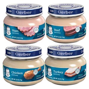 gerber 2nd foods 12 total 2.5 ounce jars of each flavor (3 turkey & turkey gravy, 3 ham and ham gravy, 3 chicken & chicken gravy, 3 beef and gravy)