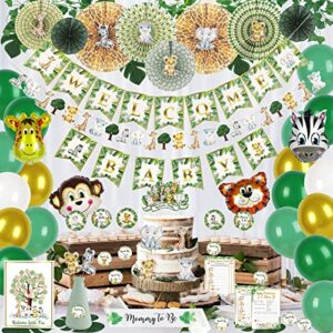 270 piece jungle safari baby shower decorations for boy or girl kit | gender neutral animal decor | banners garland fans guestbook sash balloons cake topper games stickers creature cutouts ivy vines