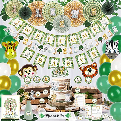 270 Piece Jungle Safari Baby Shower Decorations for Boy Or Girl Kit | Gender Neutral Animal Decor | Banners Garland Fans Guestbook Sash Balloons Cake Topper Games Stickers Creature Cutouts Ivy Vines