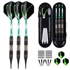 soft tip darts set 18 gram – professional darts plastic tip with brass barrel + green aluminum shafts + 50 rubber o-ring + 6 pattern flights +30 soft tips for electronic dartboard