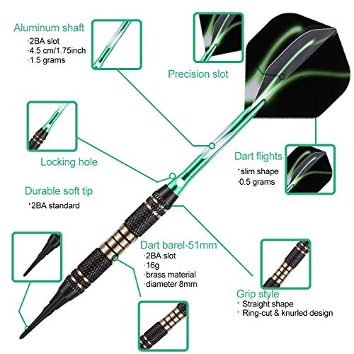 Soft tip Darts Set 18 Gram - Professional Darts Plastic Tip with Brass Barrel + Green Aluminum Shafts + 50 Rubber o-Ring + 6 Pattern Flights +30 Soft Tips for Electronic Dartboard