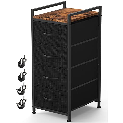 DOMYDEVM Small Storage Dresser for Bedroom 4 Drawer Chest Storage Tower Organizer Unit, Small Nightstand with Rolling Casters for Closet, Entryway, Hallway, Nursery Room, Black