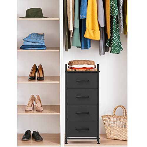 DOMYDEVM Small Storage Dresser for Bedroom 4 Drawer Chest Storage Tower Organizer Unit, Small Nightstand with Rolling Casters for Closet, Entryway, Hallway, Nursery Room, Black