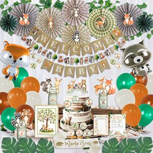 268 piece woodland baby shower decorations for boy or girl kit | gender neutral forest animal decor | banners garland fans guestbook sash balloons cake topper games stickers creature cutouts ivy vines