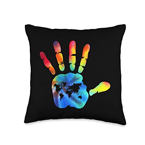 Best Places on Earth World Map Handprint Tie Dye Travel Art Wanderlust Throw Pillow, 16x16, Multicolor