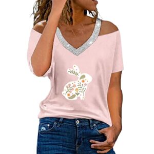 women cold shoulder v-neck short sleeve loose fit summer shirt cute graphic print blouse slim fit easter tops pink